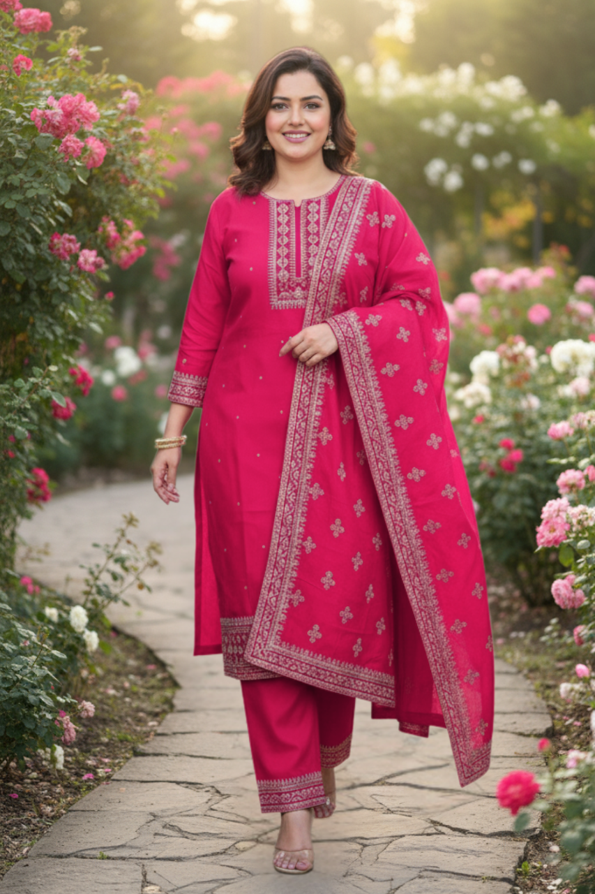 Premium and Elegant Hot Pink Dola Silk Women Suit with Embroidered Dup – THE DIVA VIBES